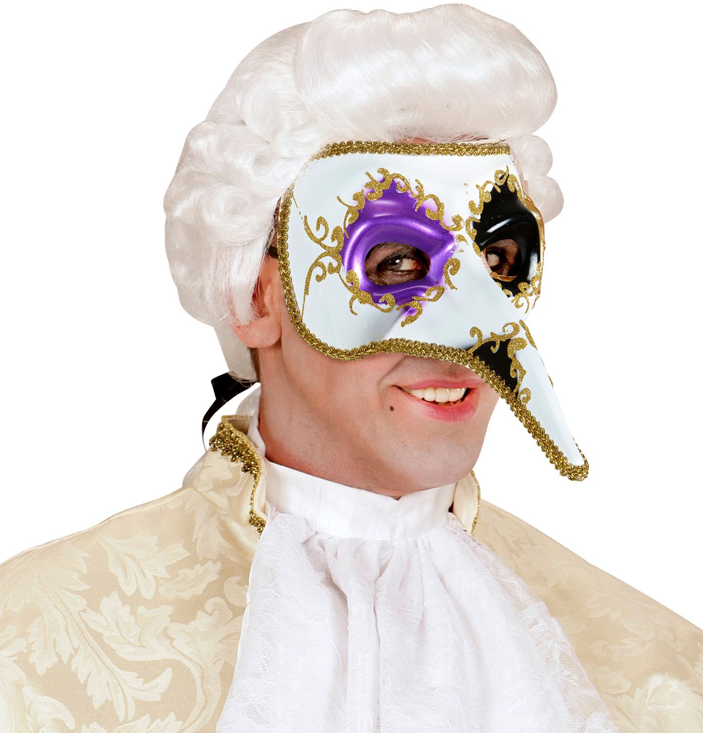 Paars-zwart venetiaans masker met lange neus | Feestkleding.nl